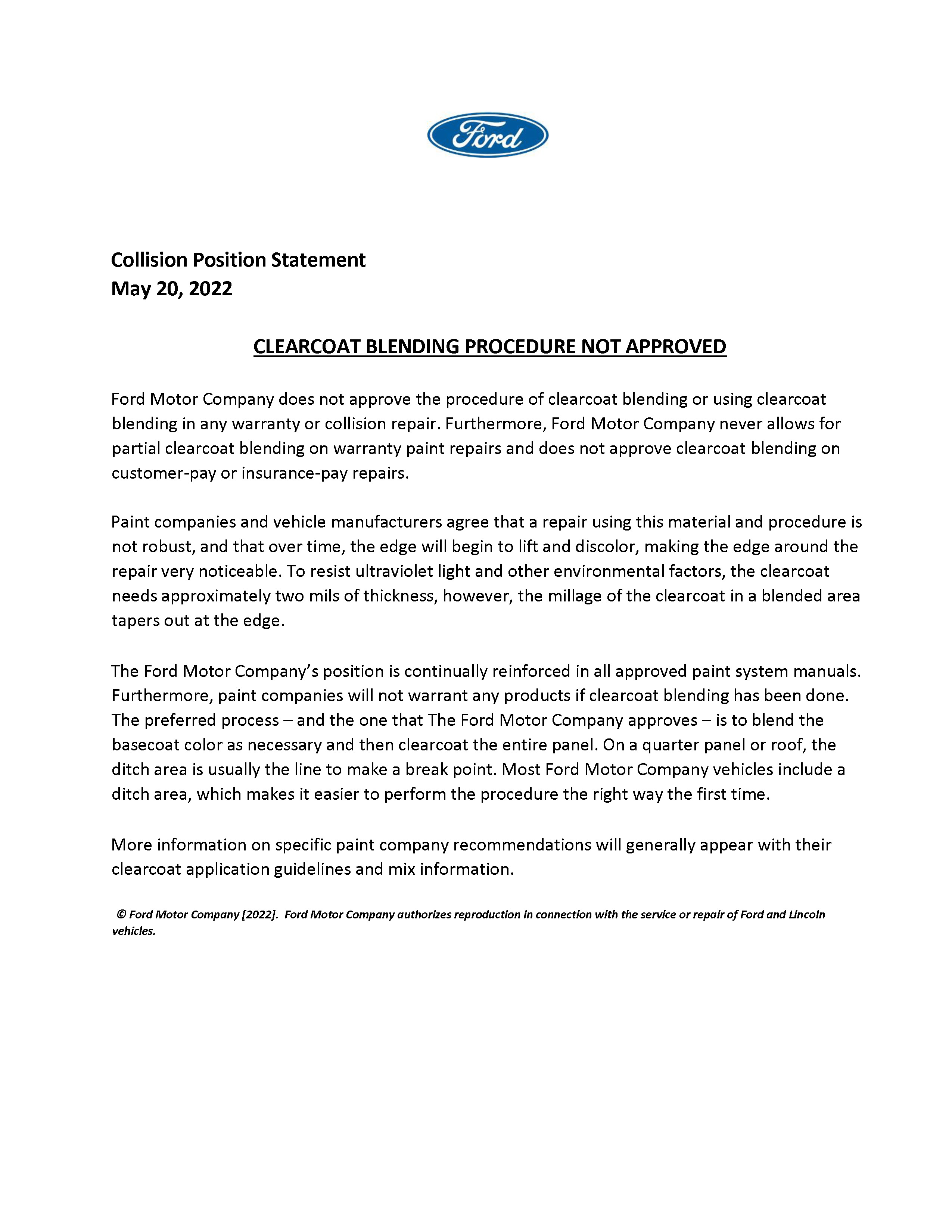 Clearcoat Blending Procedure Not Approved on Ford Motor Company Vehicles
