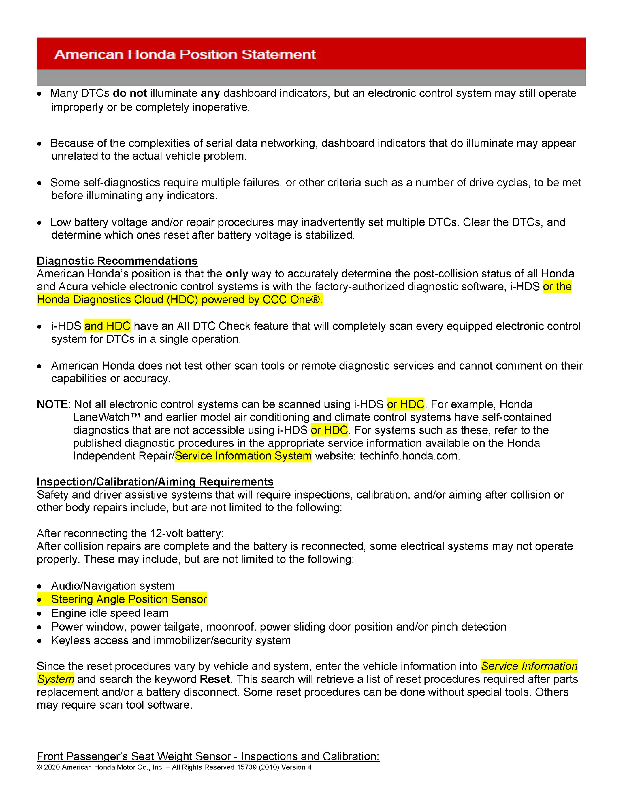 Post Collision Diagnostic Scan and Calibration Requirements for Honda ...
